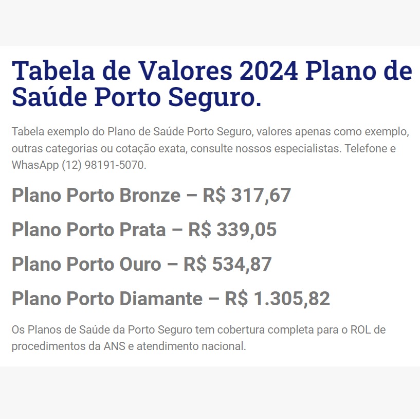 Tabela de Preços Porto Seguro Saúde - 40% Mais em Conta - Cote